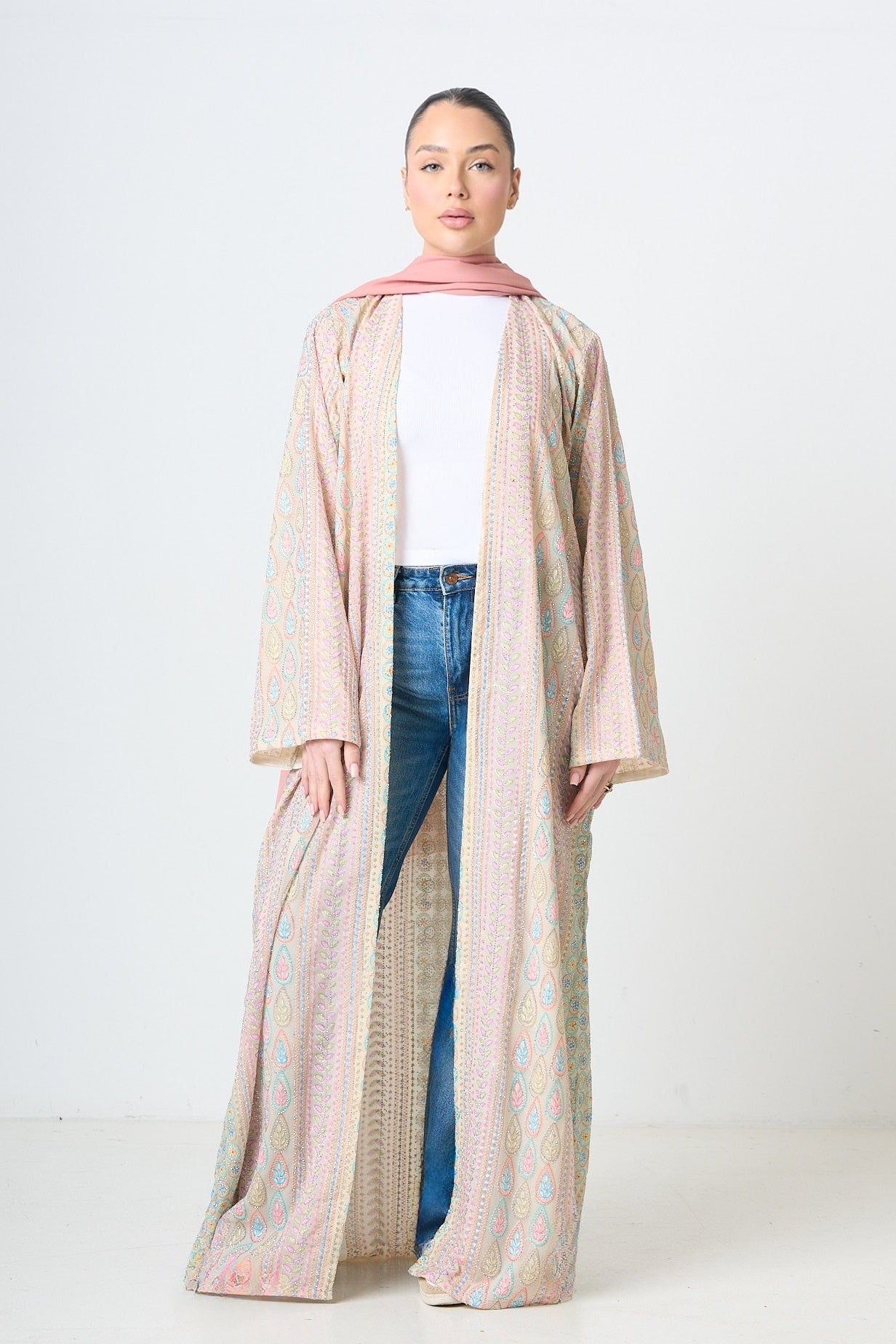 Pastel Shimmer Print Abaya - Beige – Abaya heavens